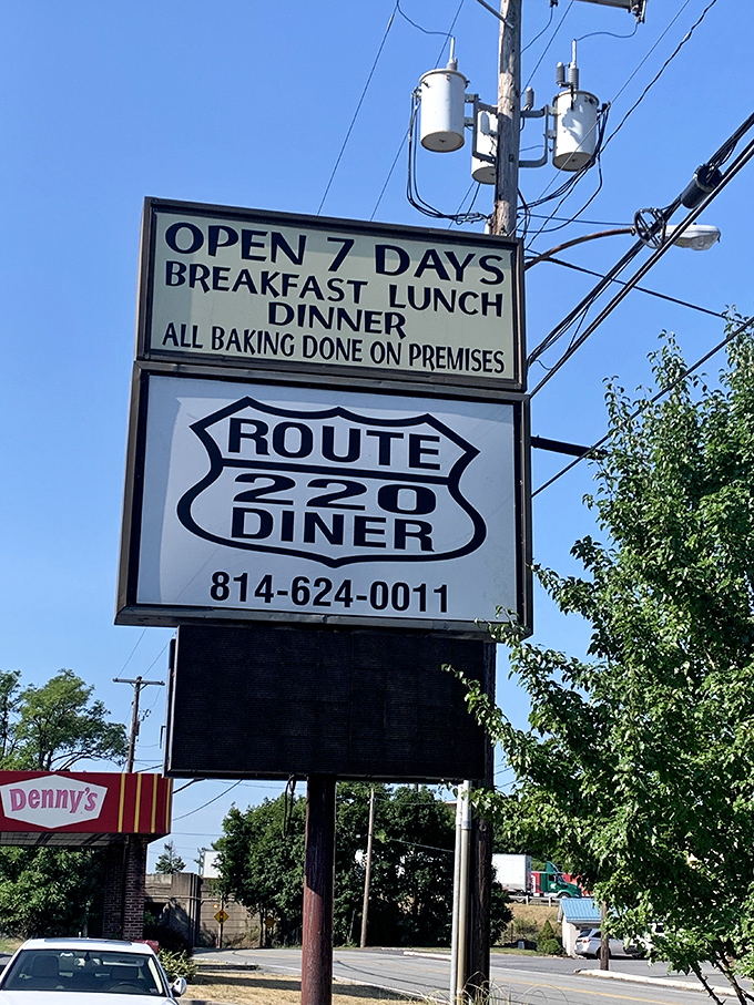 The roadside sign promises three daily opportunities for happiness &ndash; breakfast, lunch, and dinner, seven days a week.