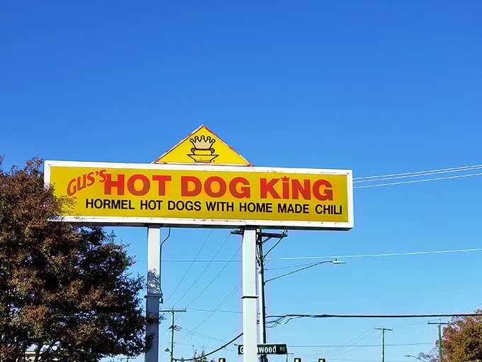 The crown-topped sign against a perfect blue sky. Like a yellow beacon saying, "Yes, this is exactly where you should be eating lunch."