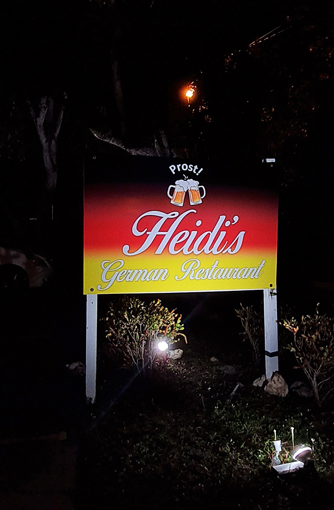 "Prost!" declares the nighttime sign, a beacon of bratwurst hope illuminating the Florida darkness for hungry German food seekers.