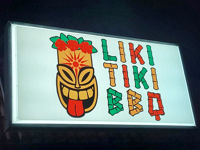 The sign says it all: part tiki, part BBQ, completely irresistible to anyone with functioning taste buds.