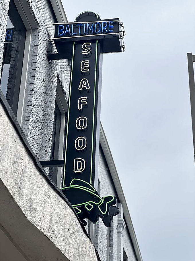 The vertical "BALTIMORE SEAFOOD" sign &ndash; like a bat signal for hungry locals and tourists with good taste.
