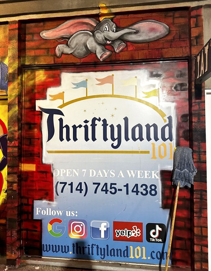 The store's signage proudly announces its seven-day availability for thrifting emergencies and casual browsing alike.