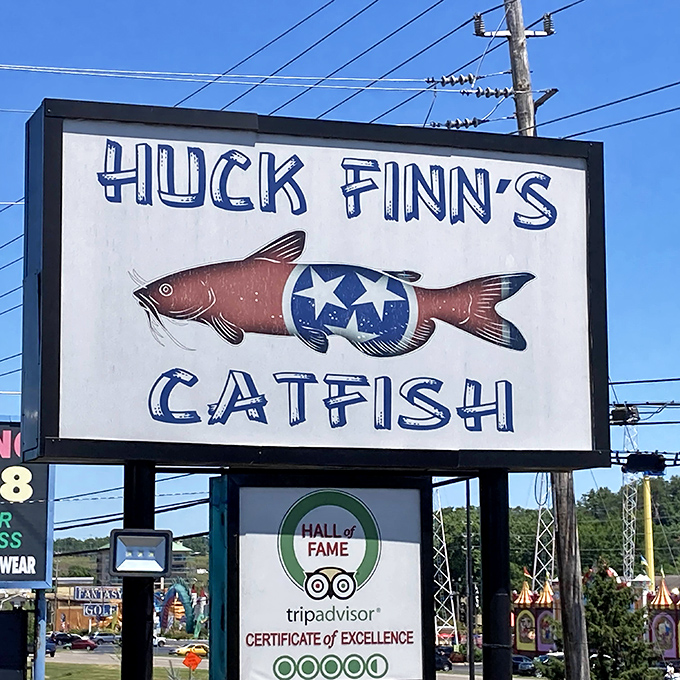 A sign that promises exactly what it delivers&mdash;no marketing spin needed when your catfish has developed its own following.