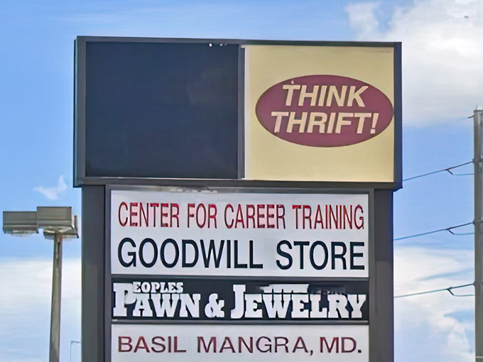 The sign tells the story&mdash;Think Thrift shares its corner of Florida with career training and pawn shops. A retail trifecta for the economically savvy.