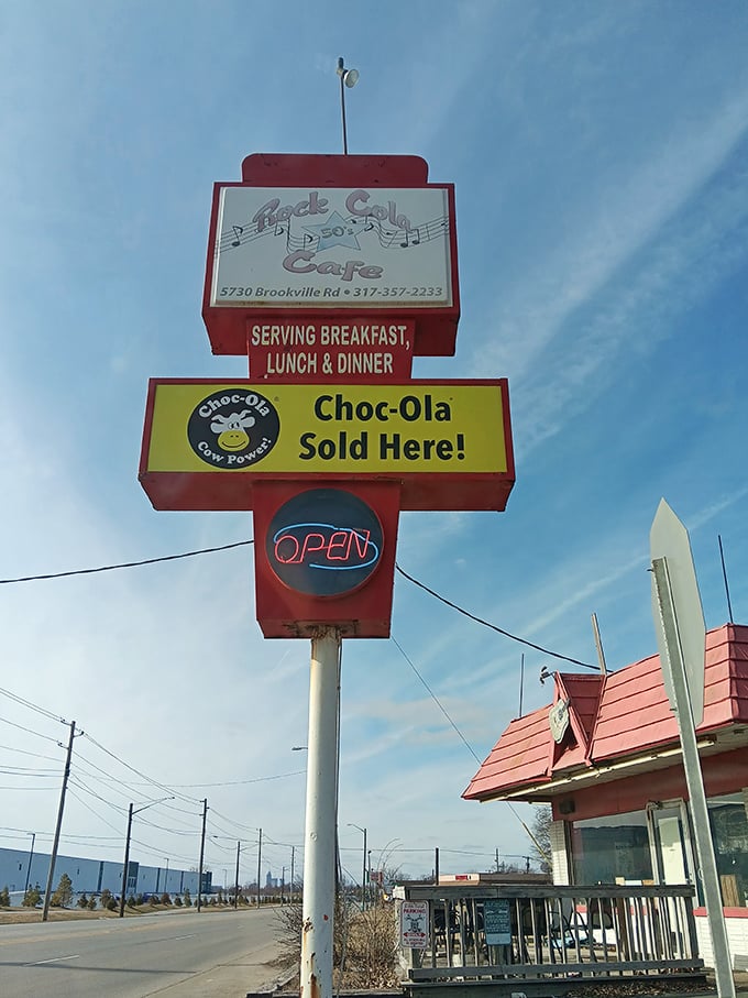 The sign promises three essential food groups&mdash;breakfast, lunch, and dinner&mdash;plus the legendary Choc-Ola that Grandpa still talks about.