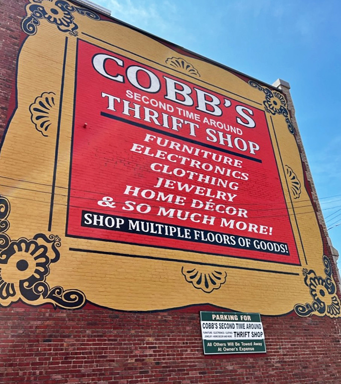 The colorful exterior mural announces multiple floors of goods like a carnival barker promoting endless entertainment.