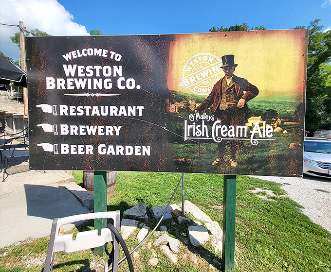 A sign that promises three essential food groups: restaurant, brewery, and beer garden. The holy trinity of hospitality.