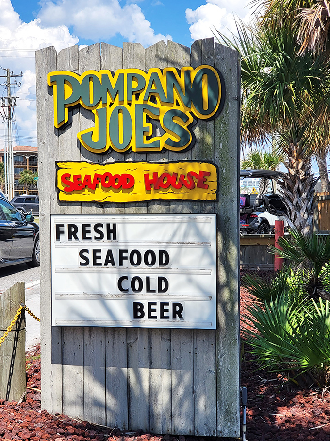 The sign says it all: "Fresh Seafood, Cold Beer"&mdash;a six-word poem that perfectly captures the essence of beachside dining in Destin.