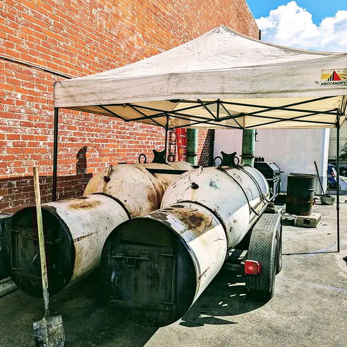 The source of all that smoky magic: custom offset smokers that have seen more all-nighters than a college student during finals week.