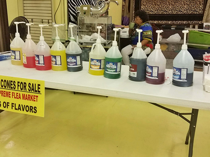 Snow cone syrups in rainbow formation promise sweet relief from shopping fatigue. Bargain hunting is thirsty work, after all.