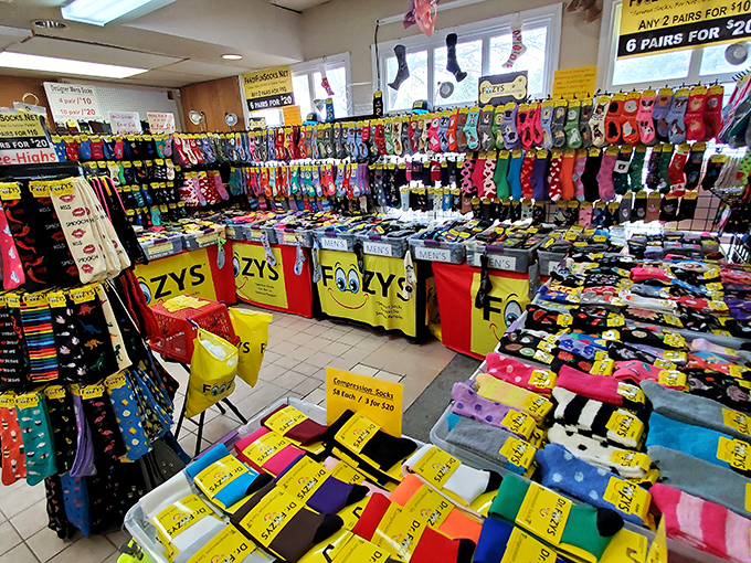 Sock paradise explodes in a riot of colors and patterns. Life's too short for boring feet, and this display makes sure yours will never be dull again.