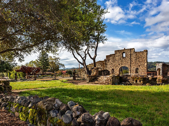 Stone ruins whisper tales of wine country's past, standing like a European postcard that somehow landed in Northern California.