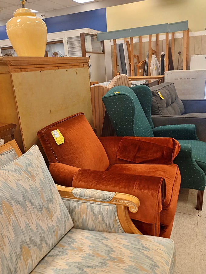 That burnt orange corduroy recliner isn't just a chair &ndash; it's a time machine to your grandparents' living room, minus the plastic covers.