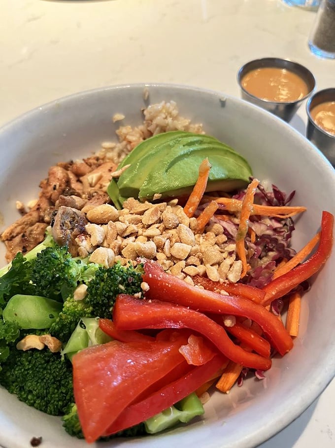 A protein bowl that's basically a garden party with avocado as the guest of honor. Healthy eating that doesn't feel like punishment. 