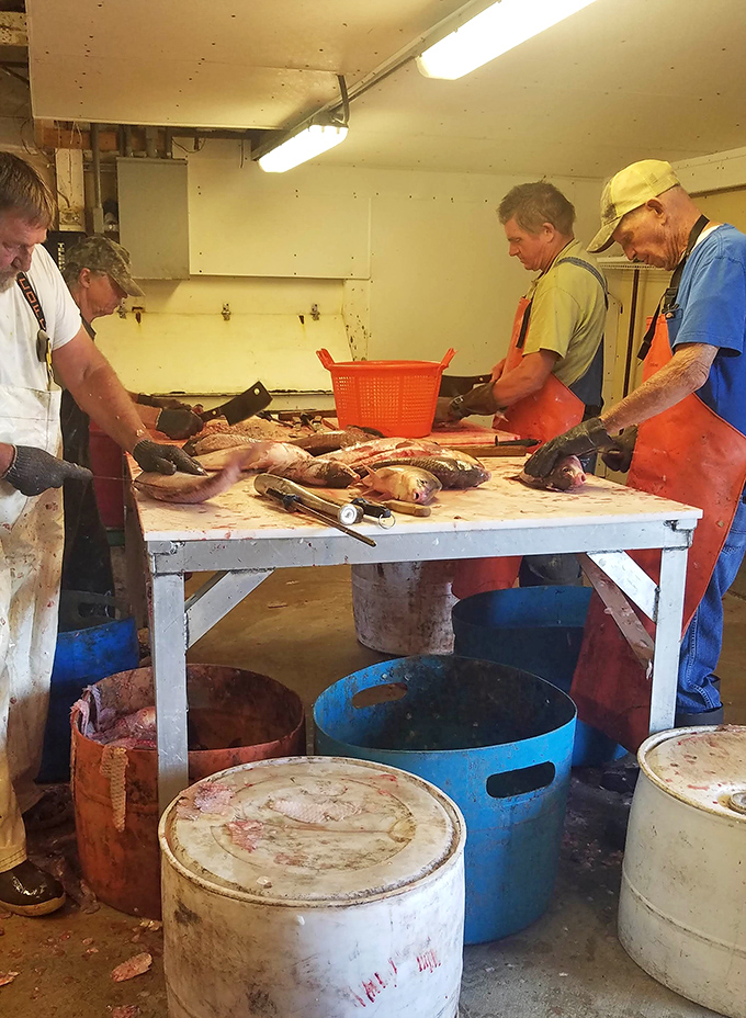The masters at work. Skilled hands transform river bounty into the golden treasures that keep cars pulling into this gravel lot.
