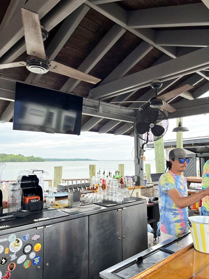 The outdoor bar offers libations with a side of spectacular water views. Even the staff's tie-dye seems to match the coastal vibe.