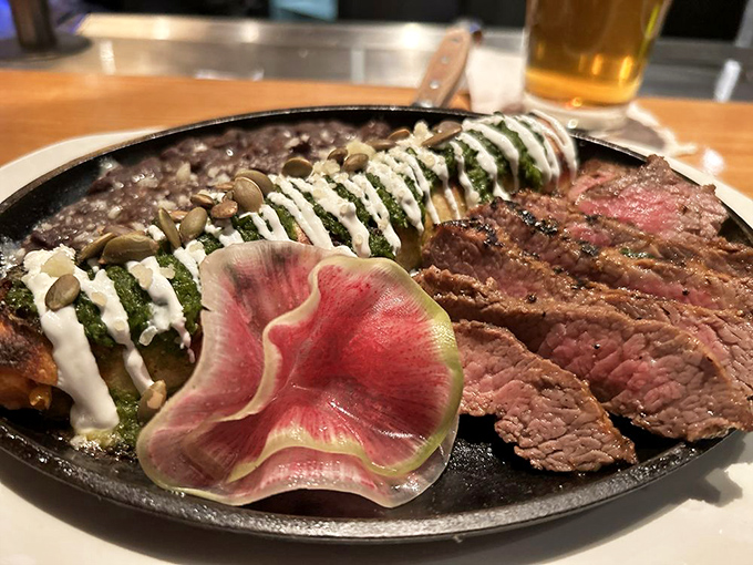 A plate that crosses borders with confidence. That watermelon radish garnish isn't just pretty&mdash;it's the perfect palate cleanser between bites.