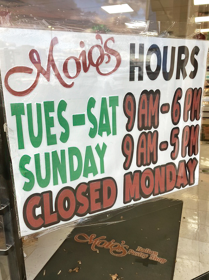 The hours sign might as well say "Times When Happiness Is Available." Closed Mondays just means they're resting up to make Tuesday through Sunday even more delicious. 