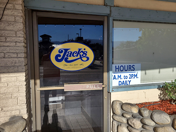 Simple hours posted on the door promise daily satisfaction from 7 AM to 2 PM for early birds.