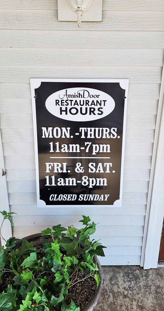Operating hours posted with Amish straightforwardness. Closed Sundays because even mashed potato perfection requires a day of rest.