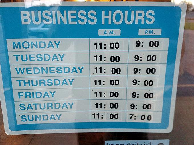 Posted hours that become your new favorite schedule for planning the perfect meal escape.