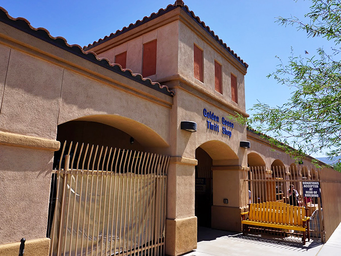 Sun-drenched architecture frames the entrance like a movie set&mdash;the perfect establishing shot for your thrifting adventure.