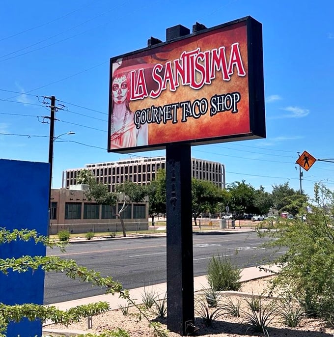 The street sign features La Santisima's signature Day of the Dead imagery. Like a taco lighthouse guiding hungry souls through the Phoenix streets.