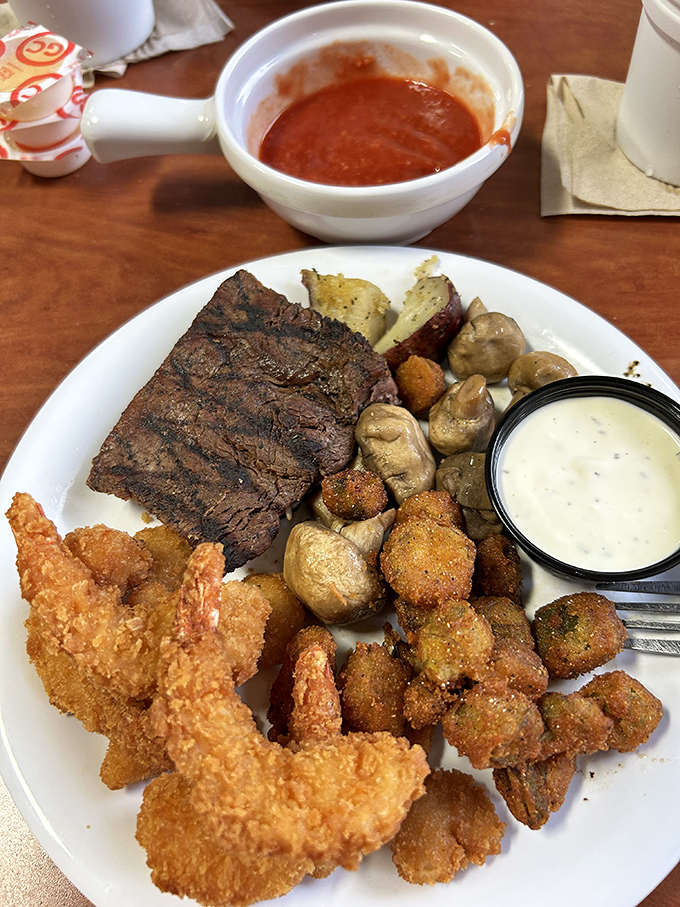 Land meets sea in perfect harmony. This plate demonstrates the beautiful art of strategic buffet navigation and expert food tetris.