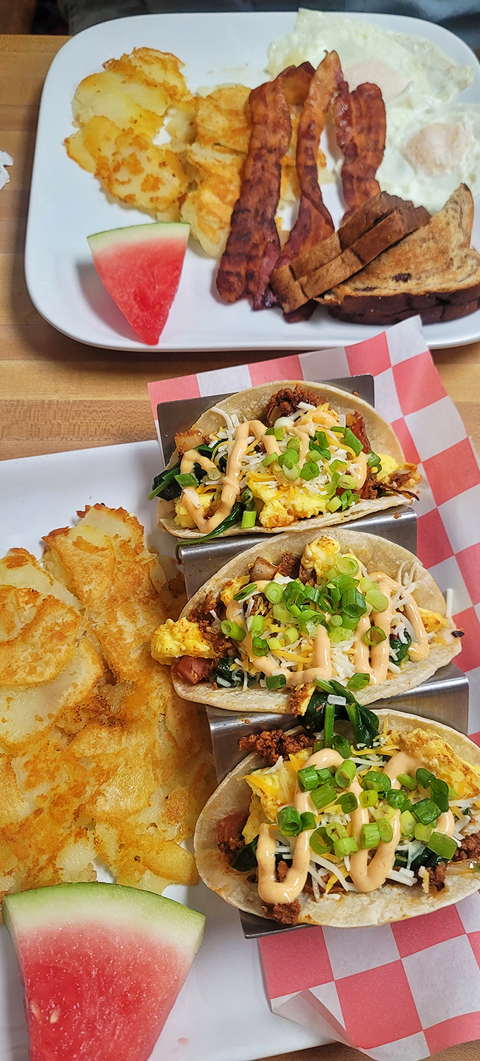 Breakfast tacos: proof that morning meals know no boundaries. These handheld happiness vessels come with hash browns that mean business.