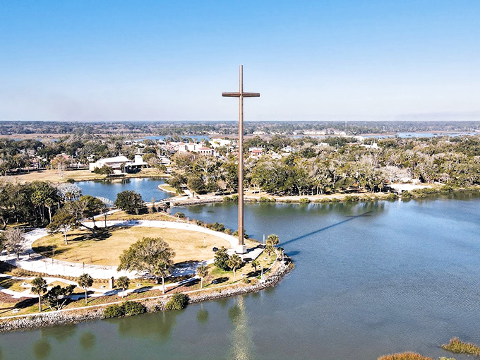 The Great Cross rises 208 feet above the Matanzas River, marking where Christianity first arrived in America with all the subtlety of a divine exclamation point.