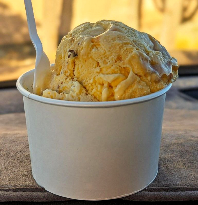Scoops of creamy ice cream waiting to cool you down after a hot desert drive&mdash;simple pleasures are often the most satisfying.