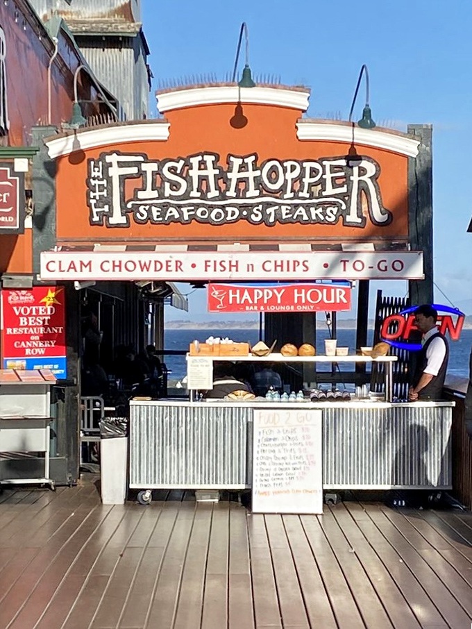 "Best Restaurant on Cannery Row" proclaims the sign, while the to-go cart suggests they're confident enough to let their food travel.