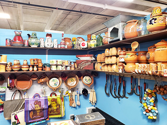 A blue-walled wonderland of earthenware and pottery. These clay vessels hold centuries of cooking traditions alongside your next soup.