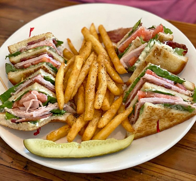 This club sandwich stands tall and proud, layers stacked with military precision and a side of fries that demand to be stolen one by one.