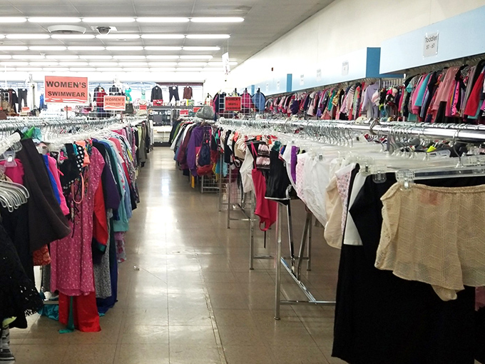 Racks of colorful garments create a textile rainbow&mdash;each hanger holding possibilities for wardrobe reinvention without the retail markup.