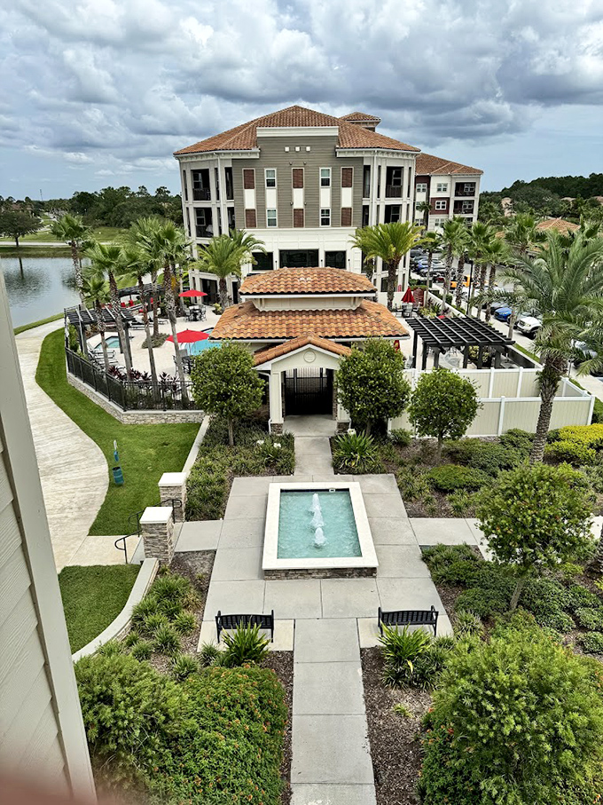 Gardens, fountains, and walkways create a courtyard worthy of a Tuscan villa&mdash;just add your own dramatic family dinner scene.