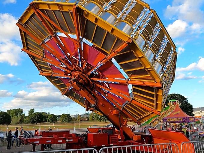County fair thrills reach new heights on this gravity-defying ride, where screams of delight echo across the fairgrounds under perfect Wisconsin skies.