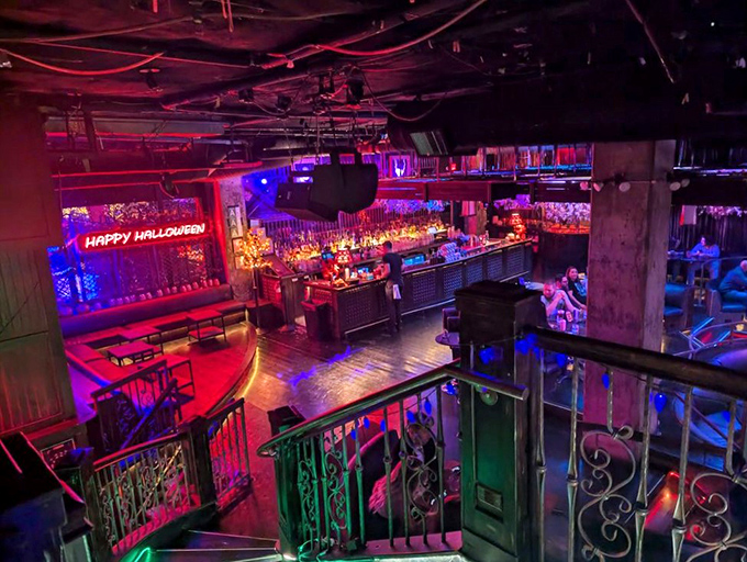 The view from above reveals the restaurant's impressive multi-level design and atmospheric lighting magic.