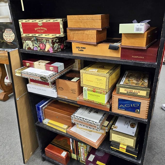 Vintage cigar boxes stack like wooden time capsules, each one holding memories of celebrations past.