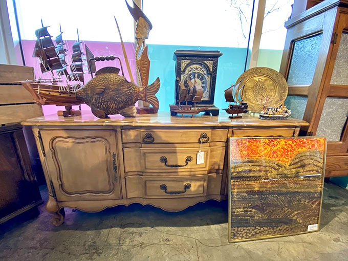 A French Provincial dresser topped with eclectic treasures creates an instant vignette of sophisticated whimsy. Grandmillennial style without the actual grandma.