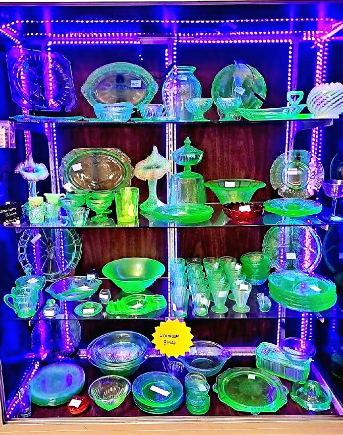 Uranium glass glowing like kryptonite under black light. These Depression-era treasures are slightly radioactive and completely irresistible to serious collectors.