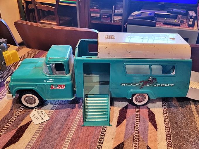 This turquoise "Riding Academy" toy truck didn't need batteries or Wi-Fi&mdash;just a child's imagination and perhaps a few plastic horses for company.