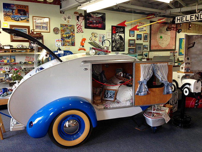 This blue and cream teardrop trailer represents the original tiny house movement, when Americans discovered the joy of bringing their beds on adventures.