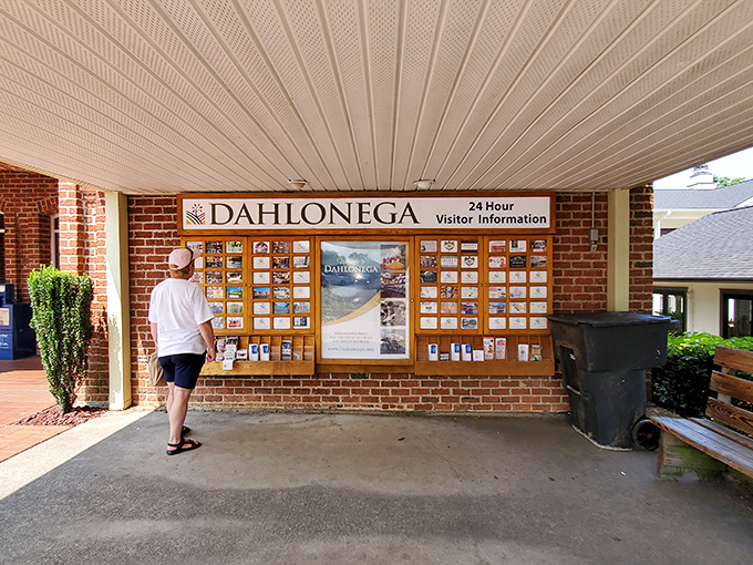 Local visitor information displayed the old-fashioned way, proving some things work better without digital screens.