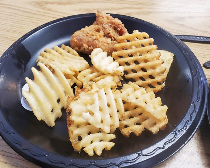 Waffle fries that combine the best aspects of both potatoes and geometry. Each golden lattice is a crispy invitation to happiness.