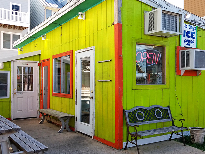 The entrance to seafood nirvana. That lime green exterior with red trim says, "Serious about seafood, not so serious about interior design."