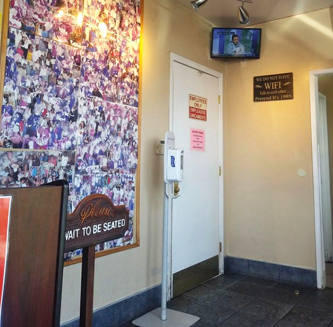 The photo collage wall showcases decades of happy customers. Think of it as an analog Instagram feed, seasoned with genuine joy.