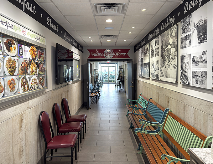 The hallway of anticipation, where vintage photos tell stories and your stomach growls impatiently for what's to come.