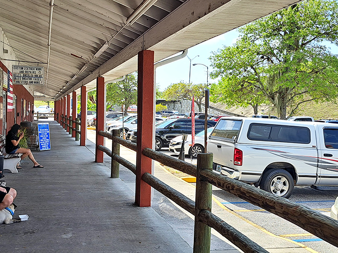 The covered walkway offers a shady respite between treasure-hunting expeditions. A perfect spot to rest weary feet and plan your next discovery.