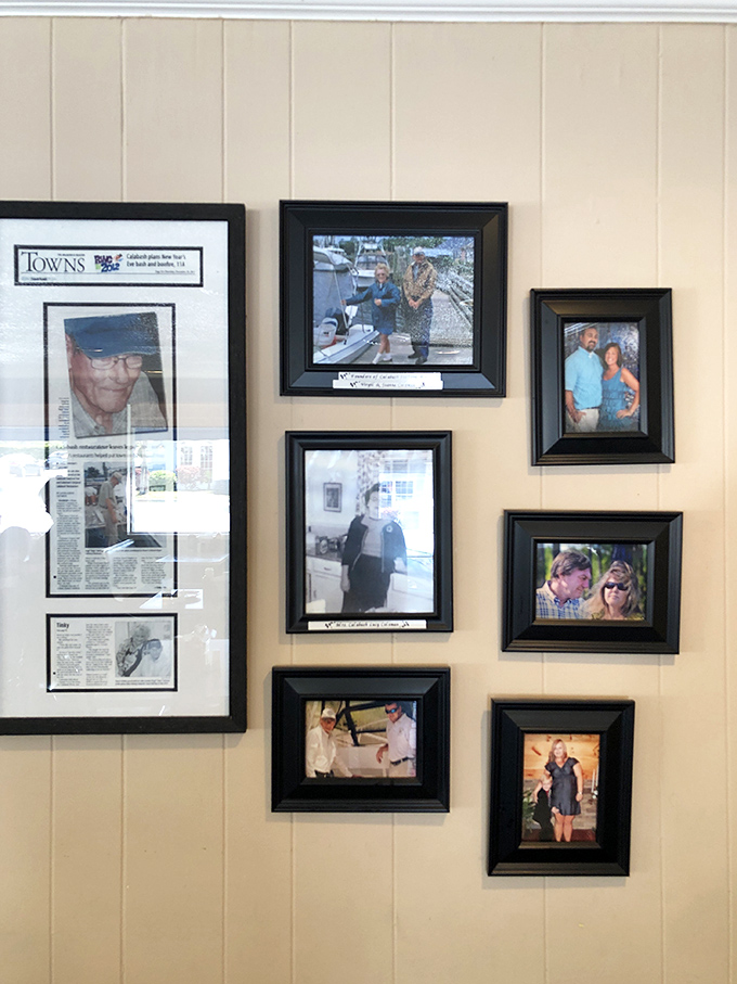 Wall of fame that tells stories of loyal patrons and proud moments. In Calabash, your picture on the wall means you're practically family.